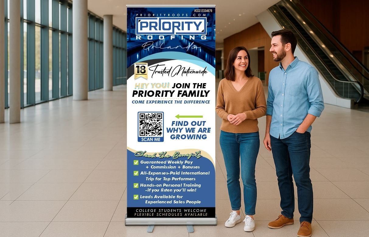 Priority Roofing Orlando recruitment retractable banner with QR code ...