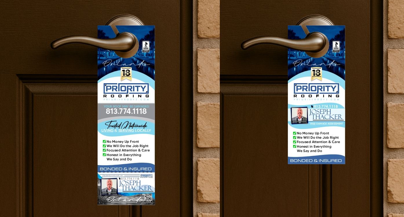 Custom Priority Roofing door hangers shown on residential doors